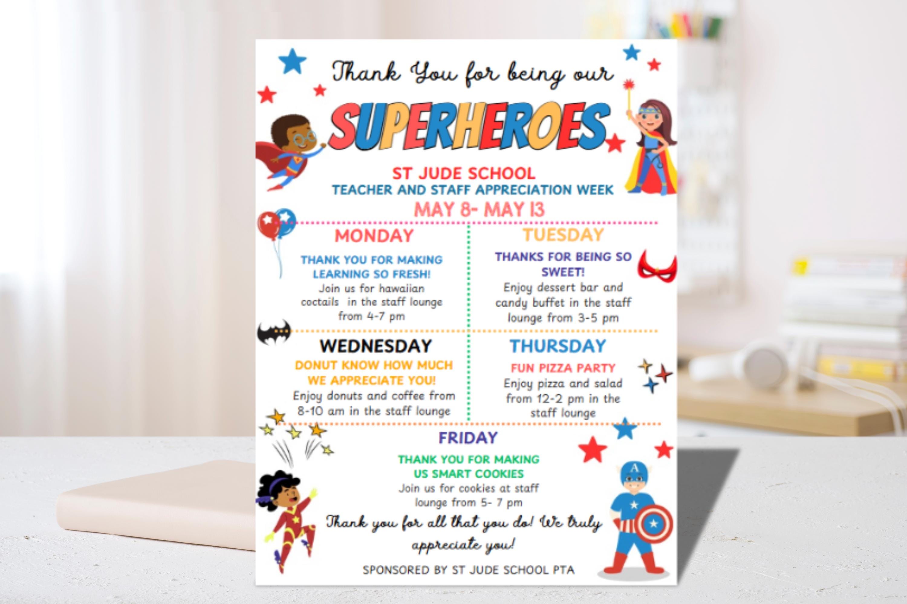 Editable Superhero Teacher Appreciation Week Flyer,week Schedule Event ...