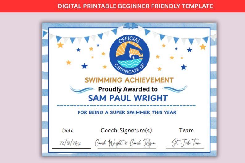 Editable Swim Team Award Certificates: Printable Swimming Awards ...