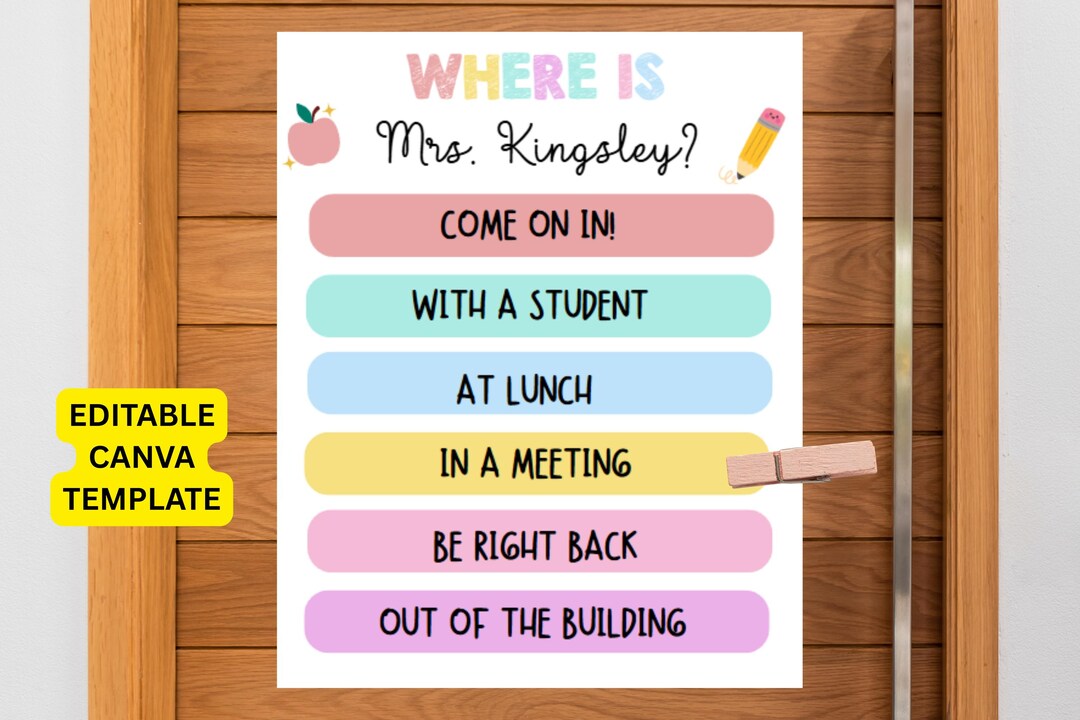 Editable Where's the Teacher Sign: Rainbow Classroom Door Hanger ...