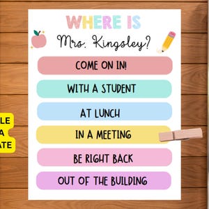 Editable Where's the Teacher Sign: Rainbow Classroom Door Hanger ...