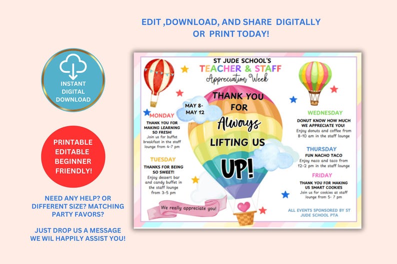 Hot Air Balloon Teacher Appreciation Week Itinerary Template (canva ...