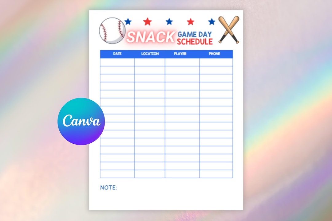 Baseball Snack Schedule Sign up Sheet: Editable Team Game Day Printable ...