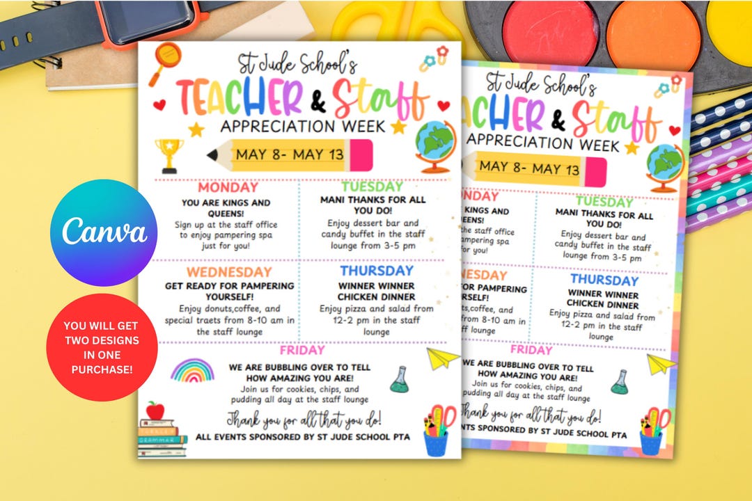 Teacher Appreciation Week Itinerary Flyer: Editable Canva Template ...