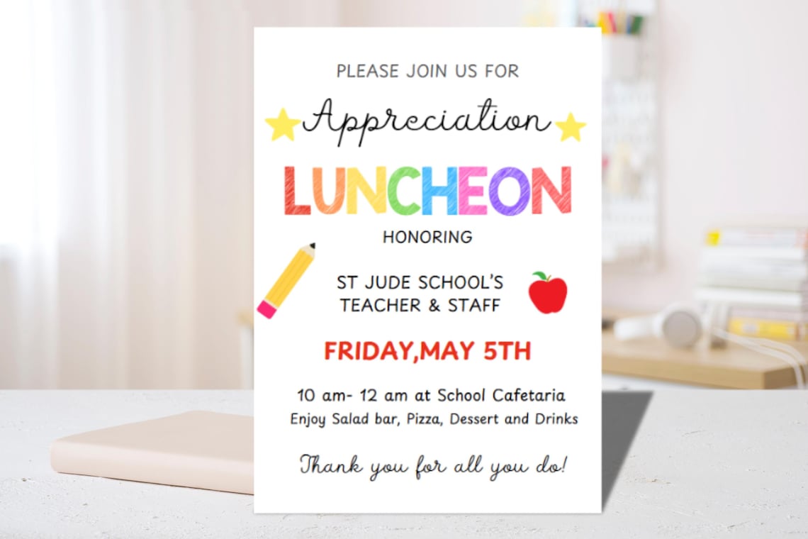 Editable Teacher Staff Appreciation Luncheon Invitation- Canva Template ...
