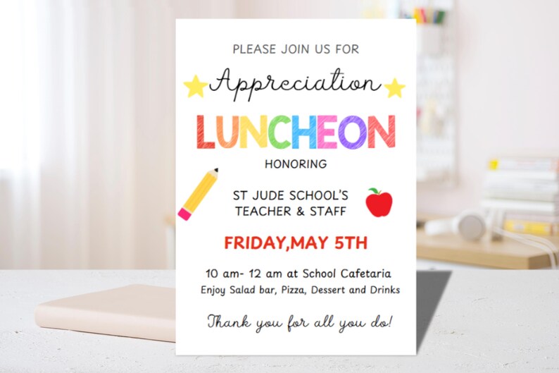 Editable Teacher Staff Appreciation Luncheon Invitation- Canva Template ...