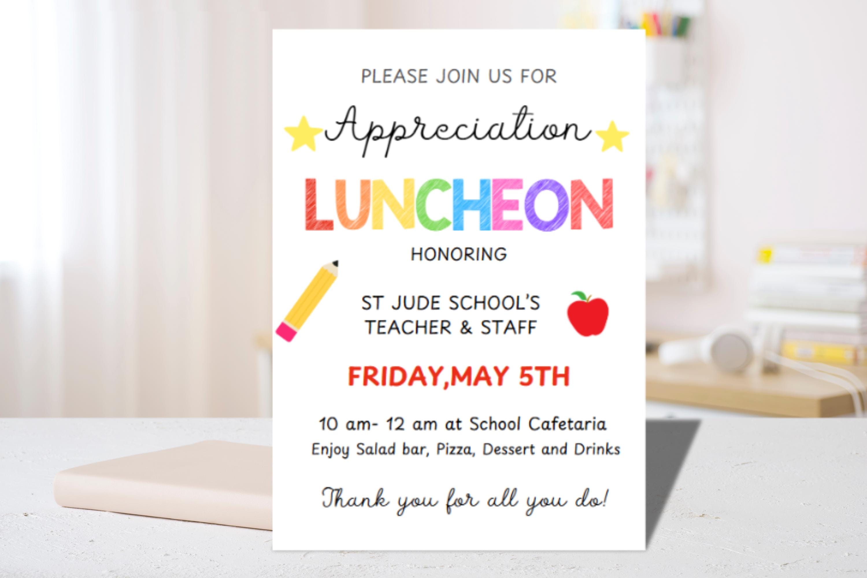 Editable Teacher Staff Appreciation Luncheon Invitation- Canva Template ...