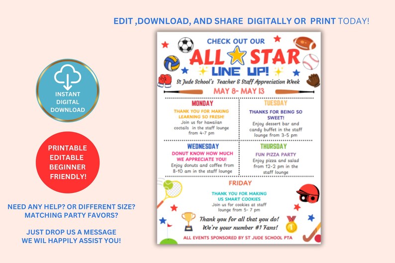 Sports All Star Teacher Staff Appreciation Week Itinerary Schedule ...