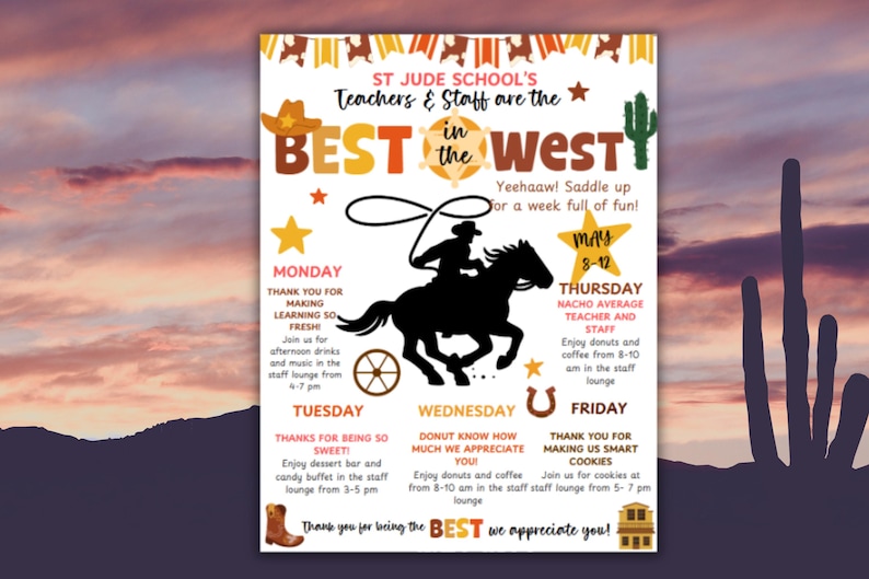 Editable Western Teacher Appreciation Week Itinerary: Wild West ...