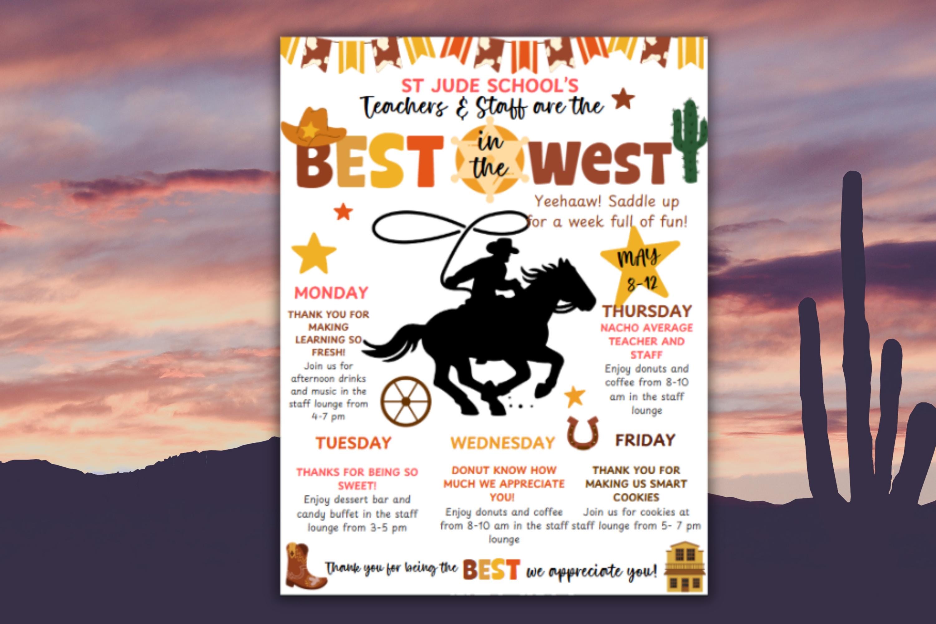 Editable Western Teacher Appreciation Week Itinerary: Wild West ...