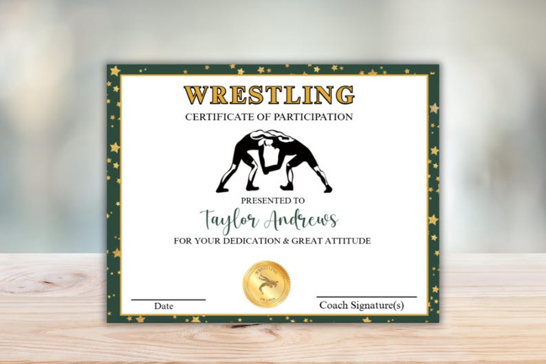 Editable Wrestling Award Certificate: Printable Team Participation ...