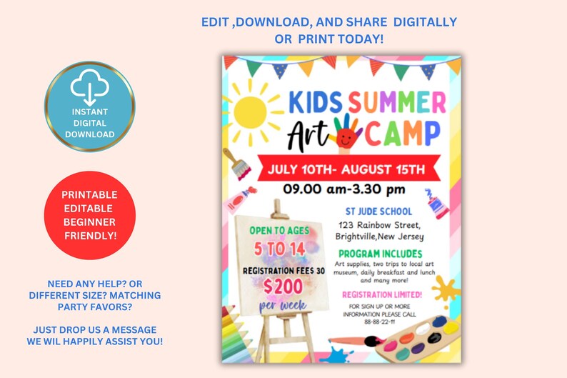 Summer Art Camp Flyer, Kids Artist Teacher Camp, Marketing Invitation ...