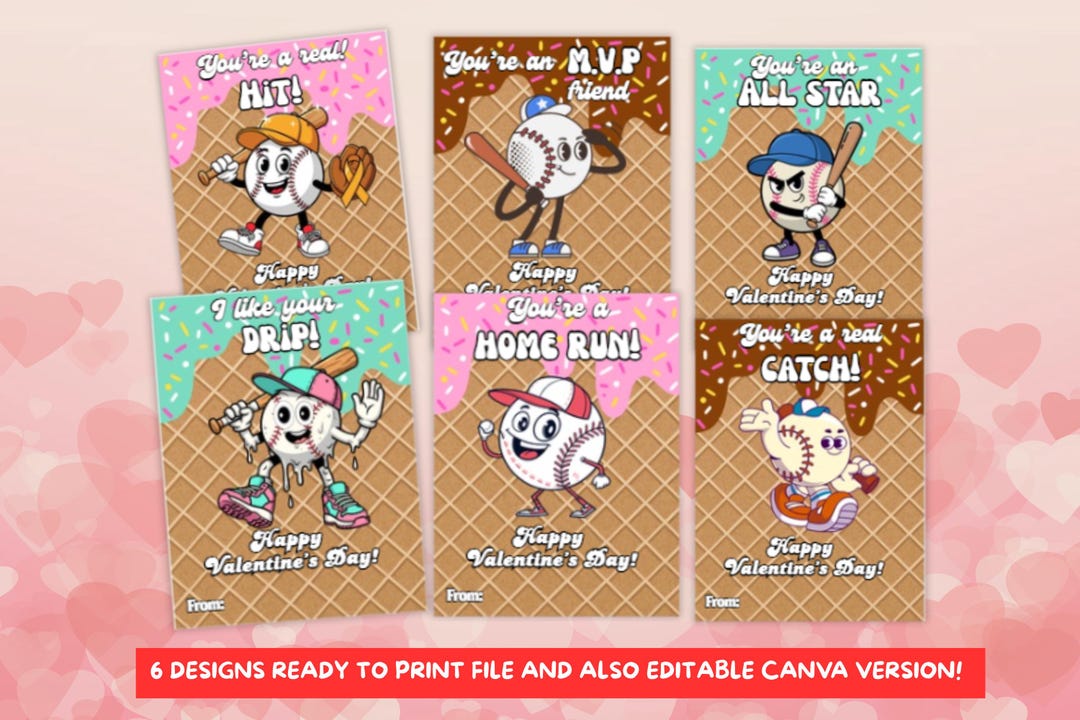 Printable Baseball Drip Valentine Cards-kids Exchange Classroom ...
