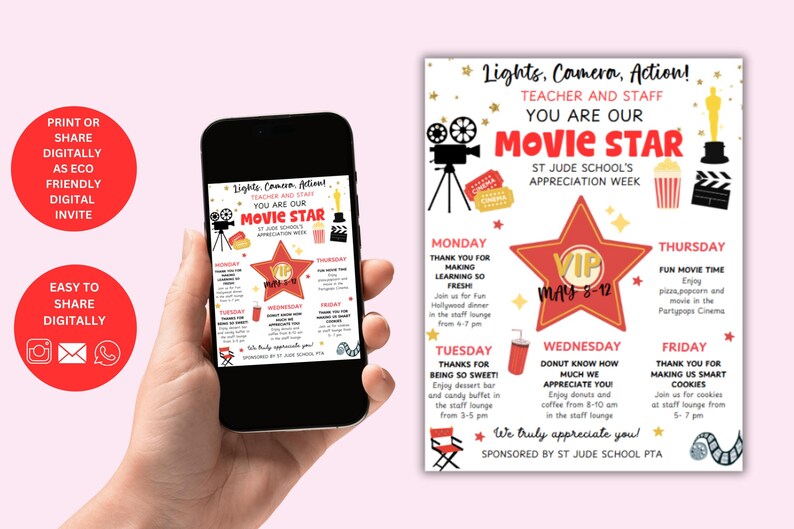 Hollywood Movie Star Teacher Staff Appreciation Week Itinerary Flyer ...