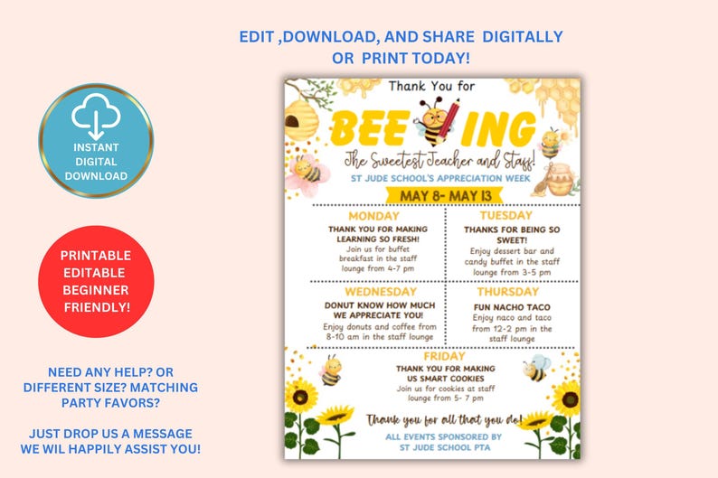 Printable Editable Bumble Bee Teacher Staff Appreciation Itinerary ...