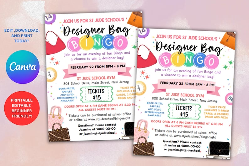 Designer Bag Bingo Night Flyer: School Pta Pto Womens Fundraiser Event ...