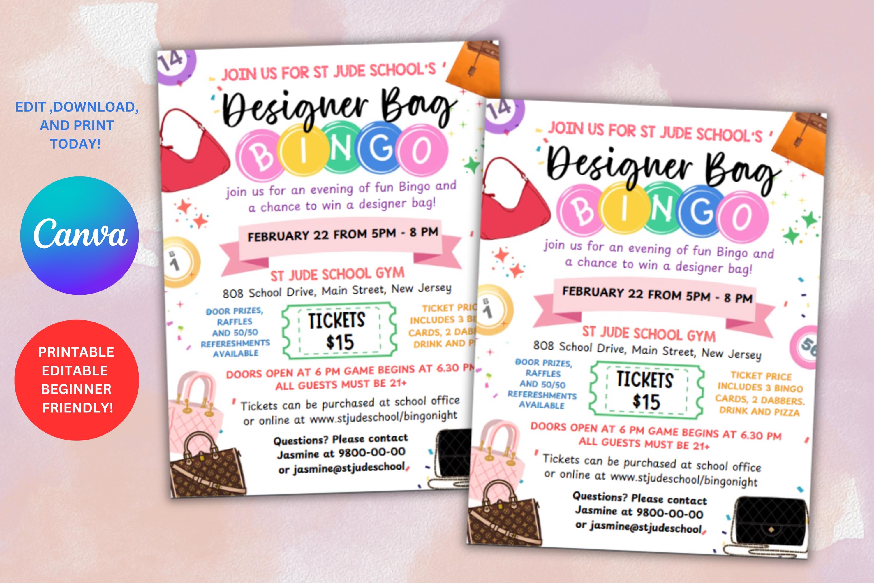Designer Bag Bingo Night Flyer: School Pta Pto Womens Fundraiser Event ...