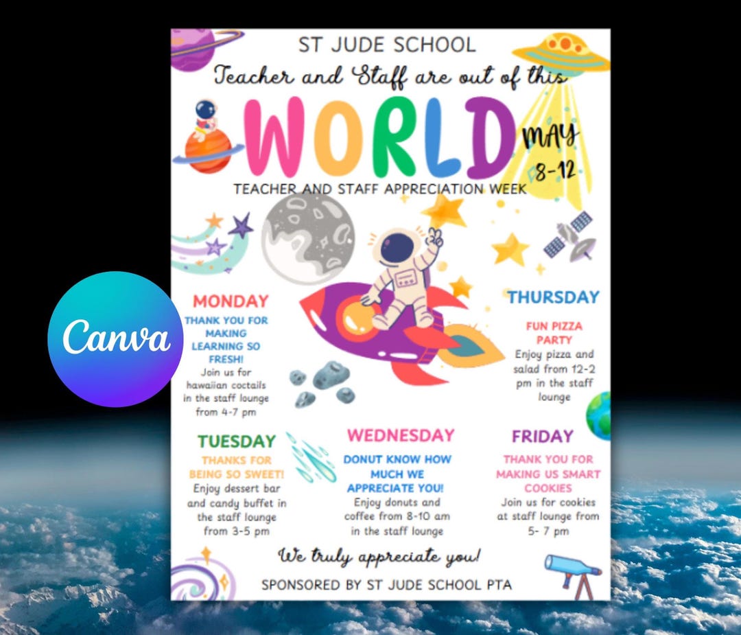 Outer Space Teacher Appreciation Flyer: Itinerary Poster Canva Template ...