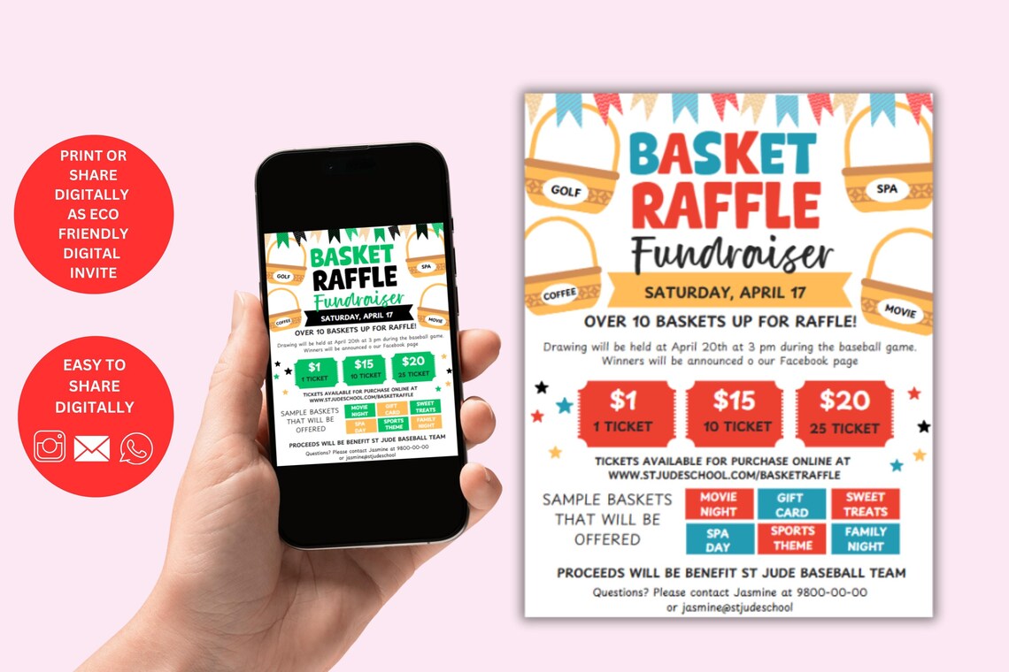 Basket Raffle Flyer Template, Gift Basket Fundraiser Raffle Invitation ...