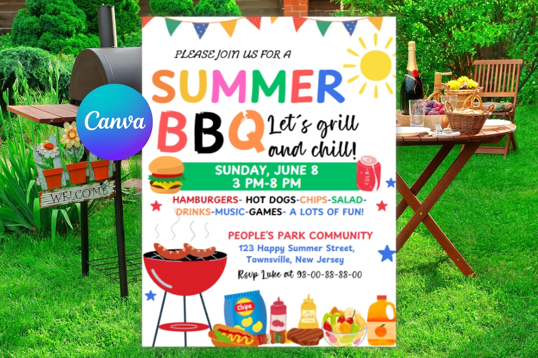 Editable Summer BBQ Party Flyer: Grill & Chill, Canva Template Digital ...