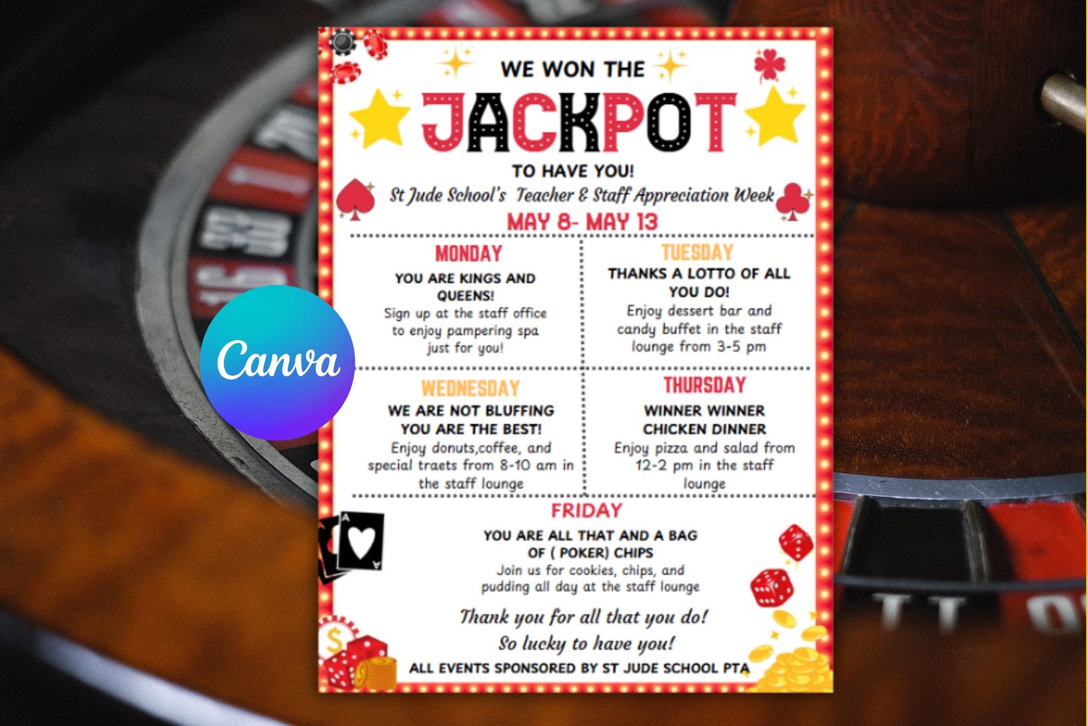 Casino Themed Teacher Appreciation Week Itinerary Flyer, Poker Staff ...
