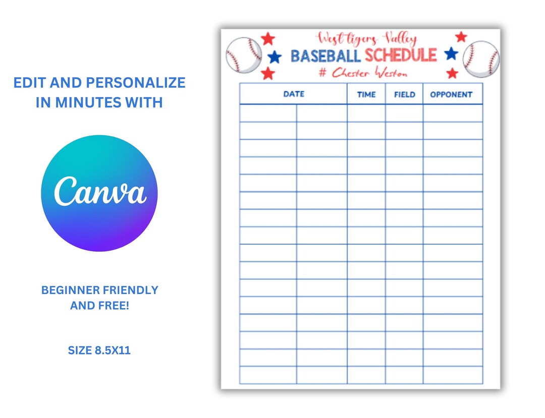 Baseball Game Schedule Printable Template- Editable Printable-instant ...