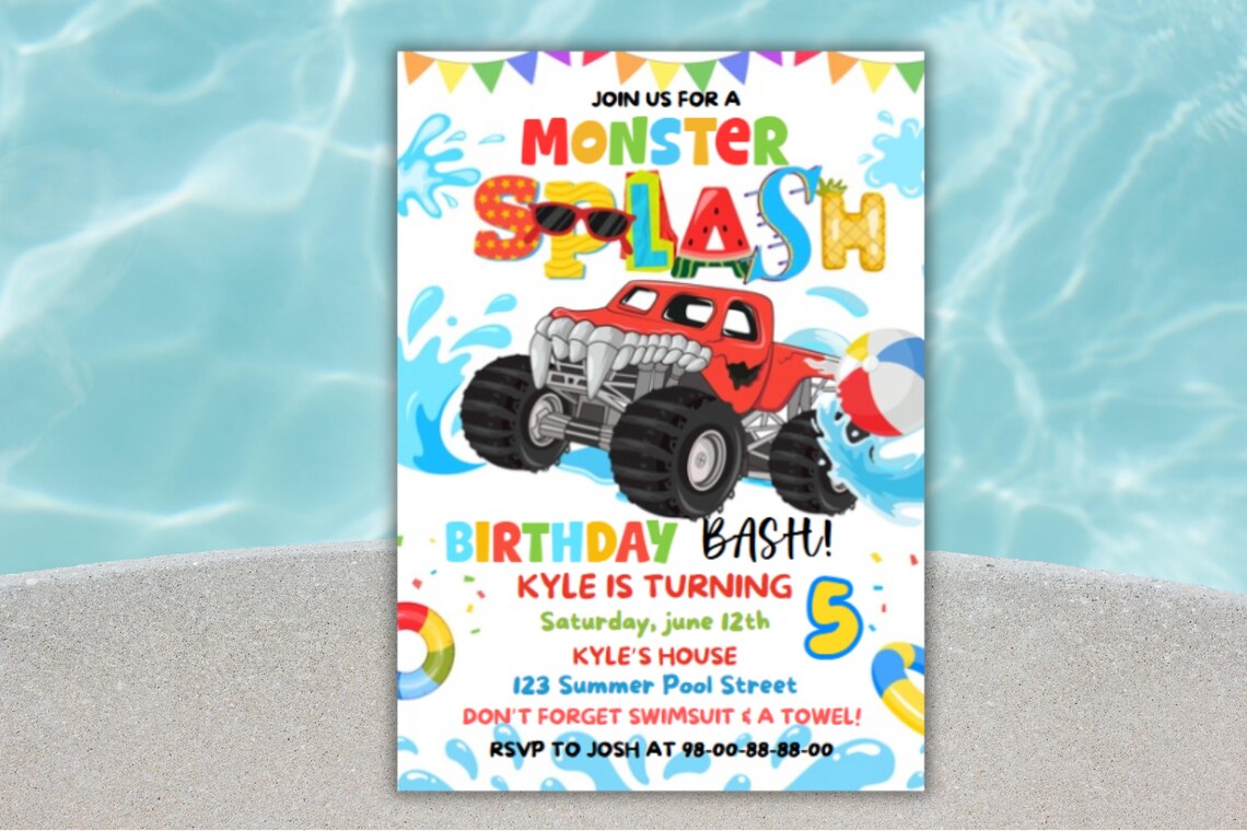 Monster Truck Pool Party Invitation: Summer Birthday (digital Printable ...