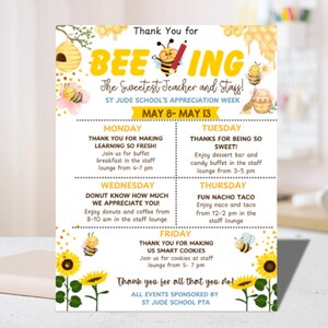Printable Editable Bumble Bee Teacher Staff Appreciation Itinerary ...