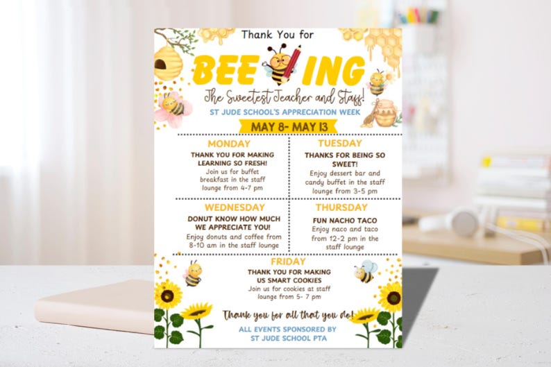 Printable Editable Bumble Bee Teacher Staff Appreciation Itinerary ...