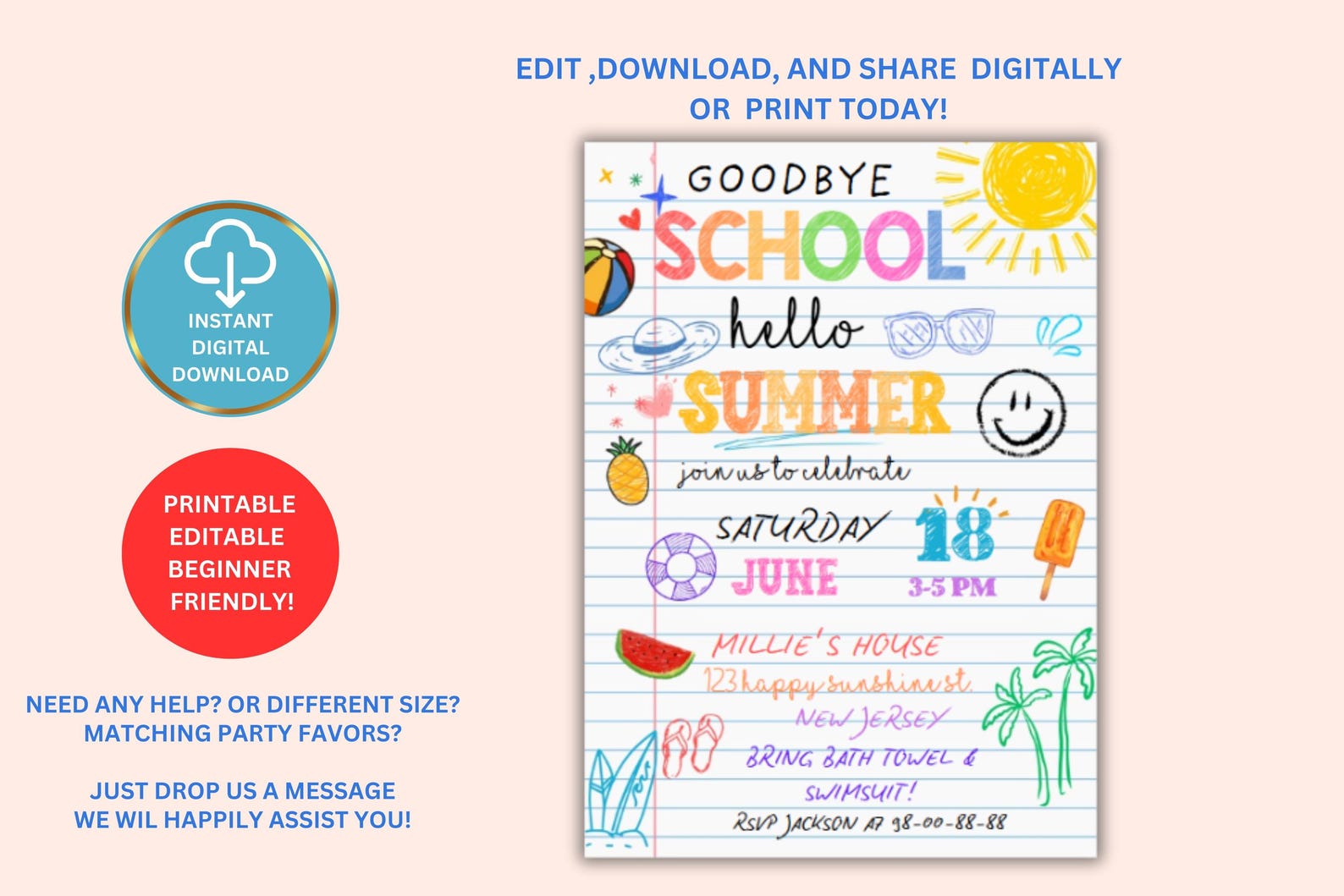 Goodbye School Hello Summer Invitation Template, Printable End of ...
