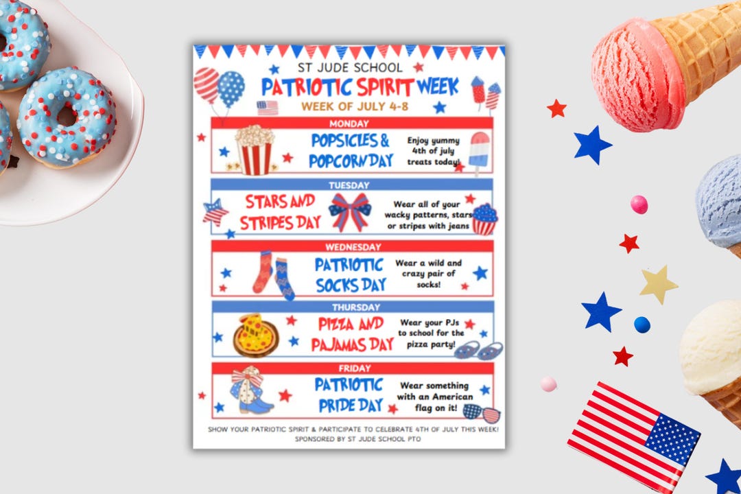 Buy Patriotic School Spirit Week Itinerary: Editable 4th of July ...
