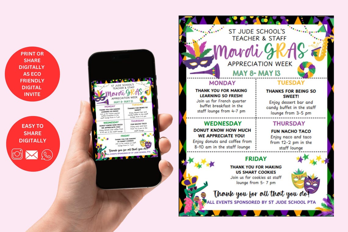 Editable Mardi Gras Teacher Appreciation Week Itinerary Flyer Canva ...