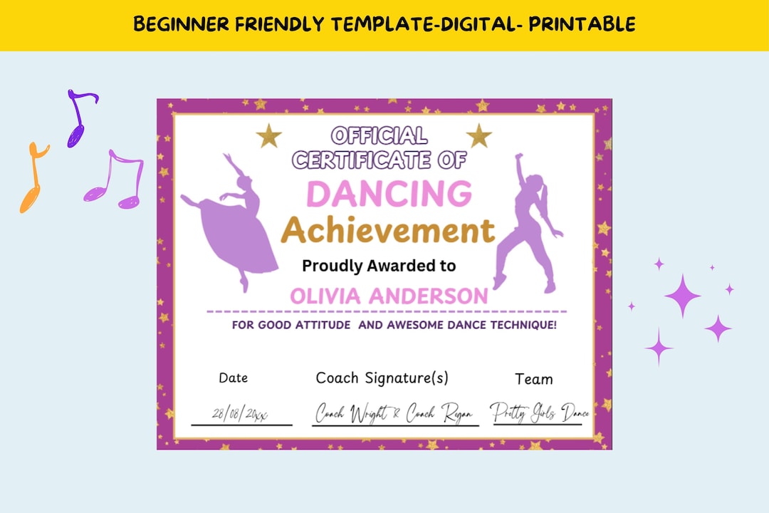 Dance Recital Award Certificate Template: Editable Dancer Participation ...