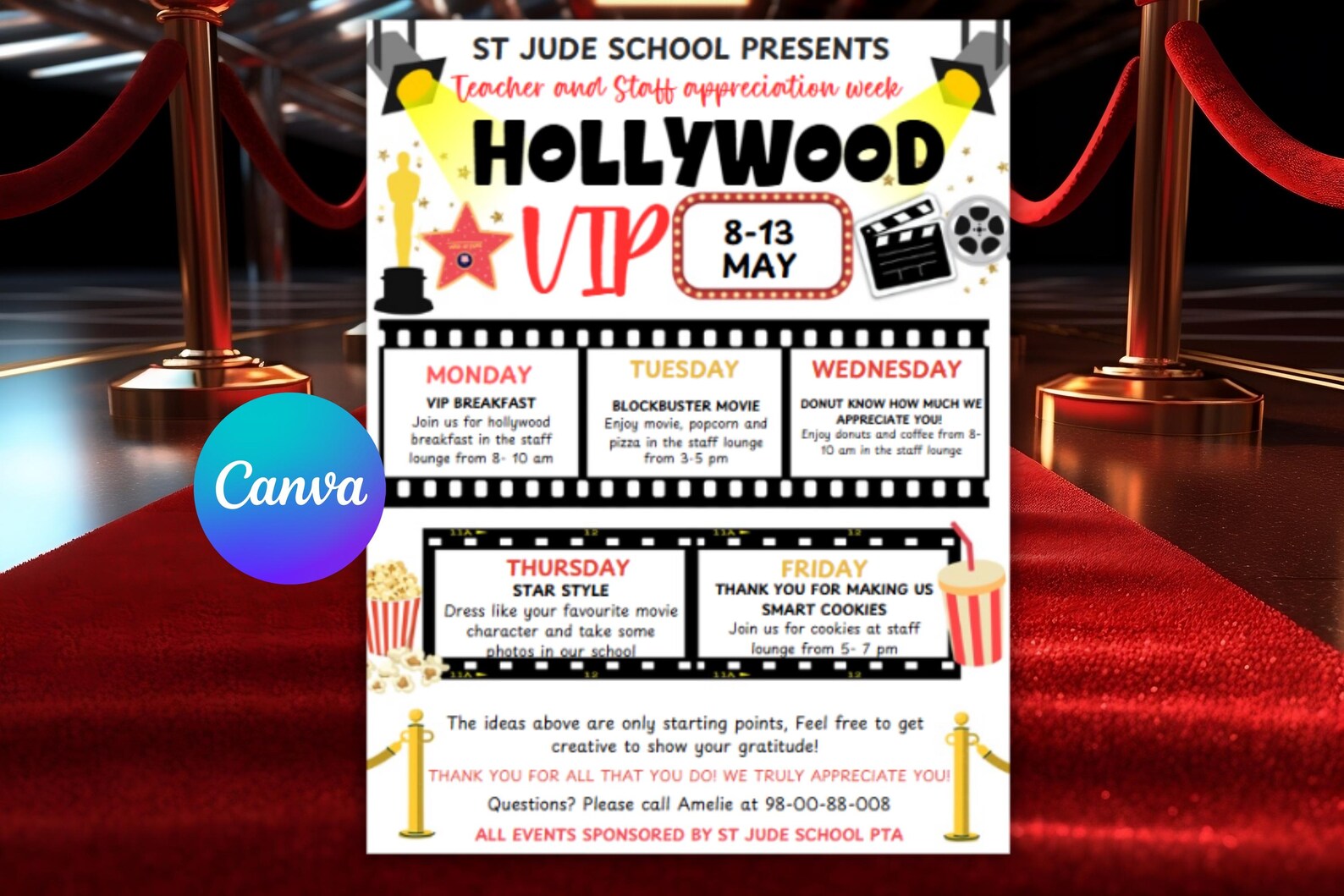Editable Teacher Appreciation Week Flyer Hollywood Movie VIP Theme ...