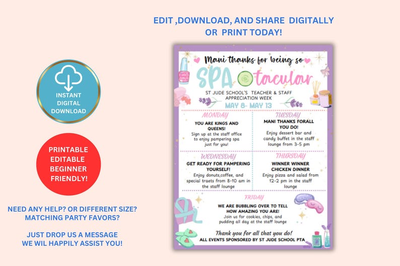 Spa Teacher Appreciation Week Flyer: Pampering Itinerary (canva ...