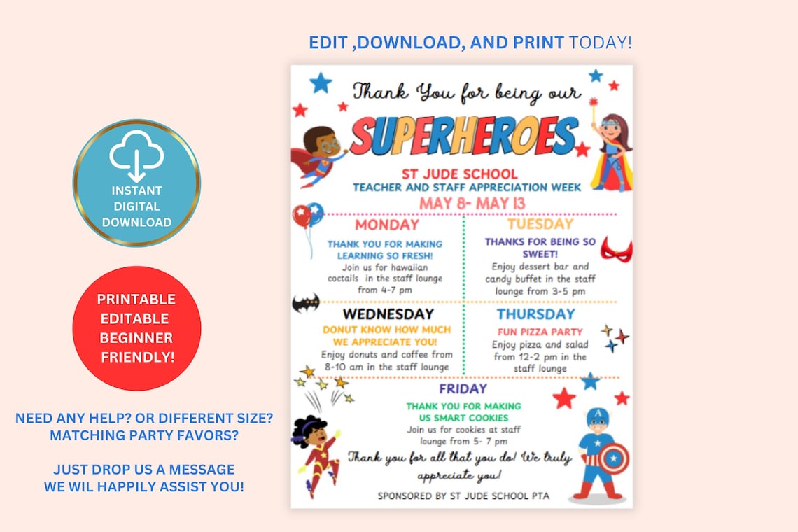 Editable Superhero Teacher Appreciation Week Flyer,week Schedule Event ...
