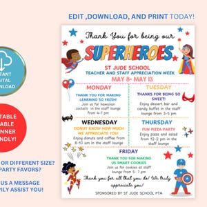 Editable Superhero Teacher Appreciation Week Flyer,week Schedule Event ...
