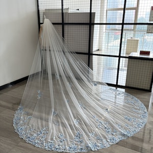 Blue Floral Lace Veil, Long Cathedral Veil, 3D Flower Wedding Veil With ...