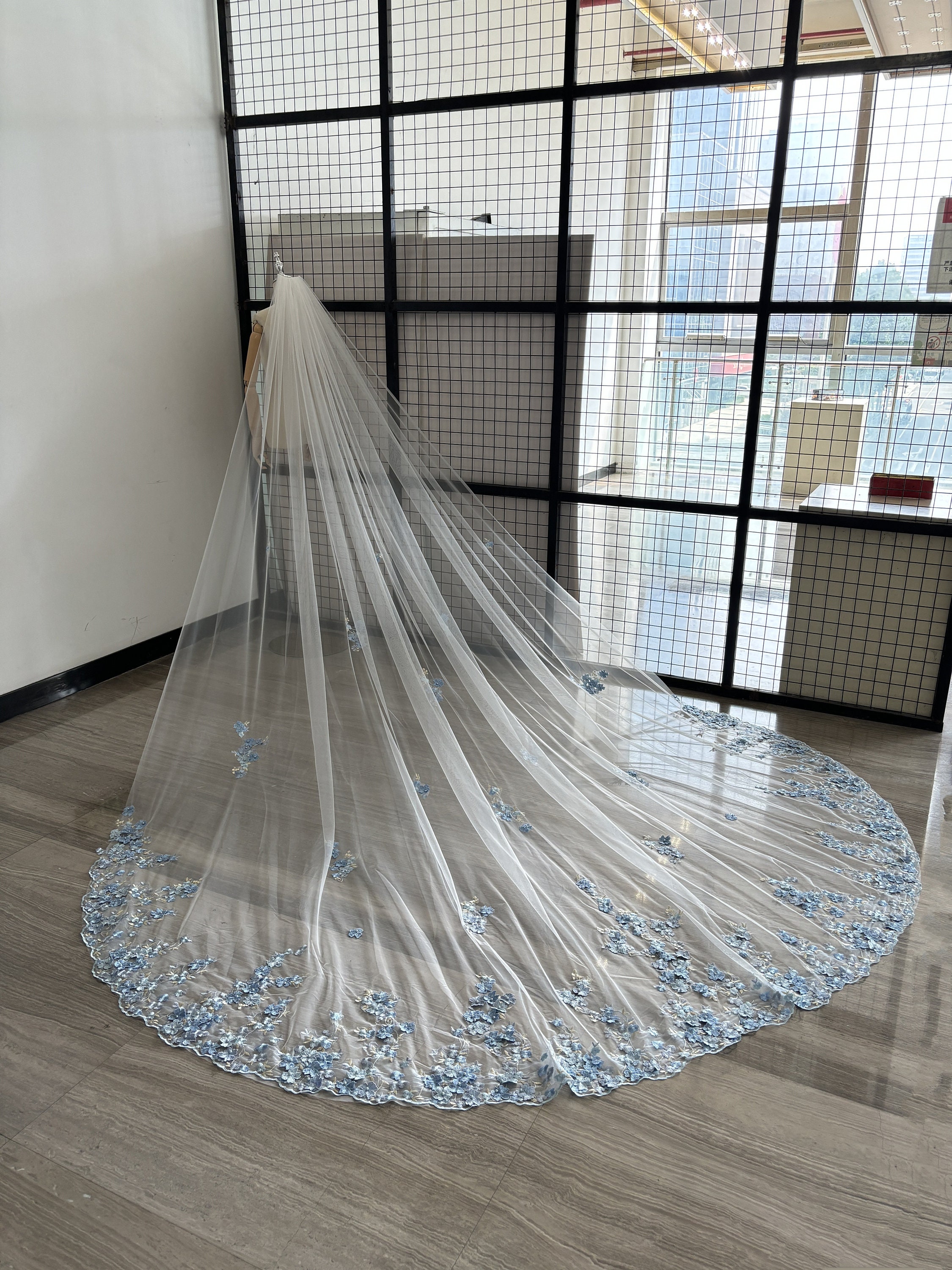 Blue Floral Lace Veil, Long Cathedral Veil, 3D Flower Wedding Veil With ...