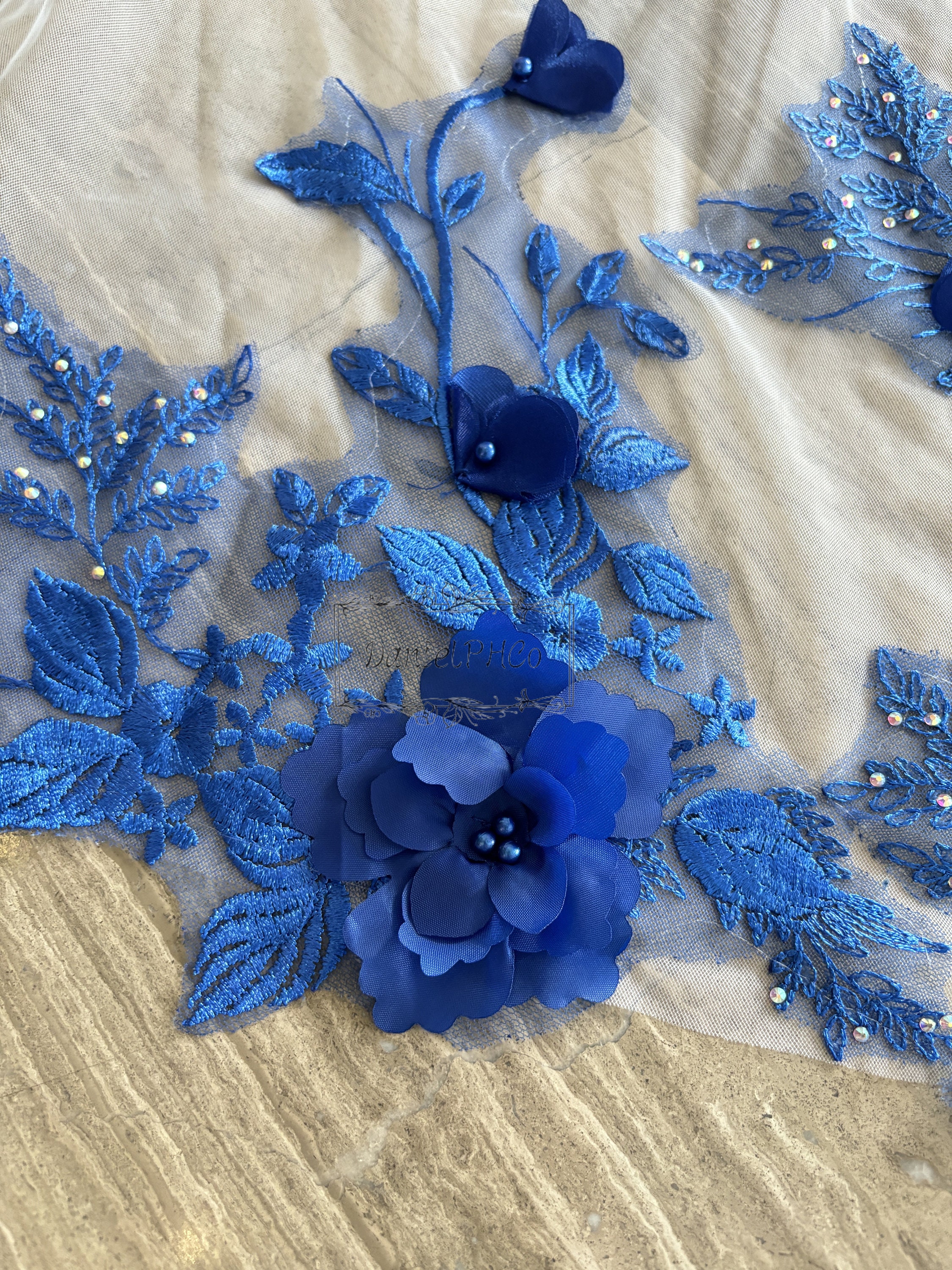 Vintage Royal Blue Floral Lace Wedding Veil, Long Cathedral Veil, 3D ...