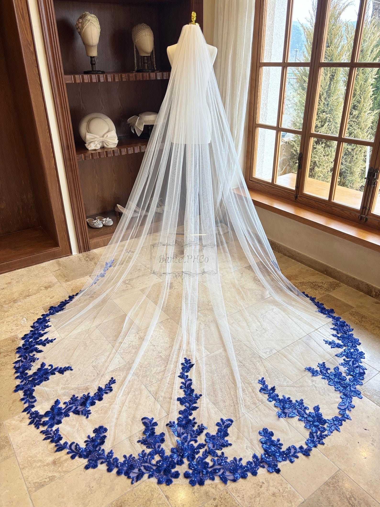 Navy Blue Sequined Flower Wedding Veil, Floral Lace Cathedral Veil ...
