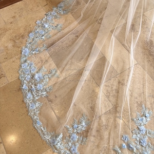 Blue Flower Lace Wedding Veil, 3D Flower Bridal Veil, Floral Lace ...