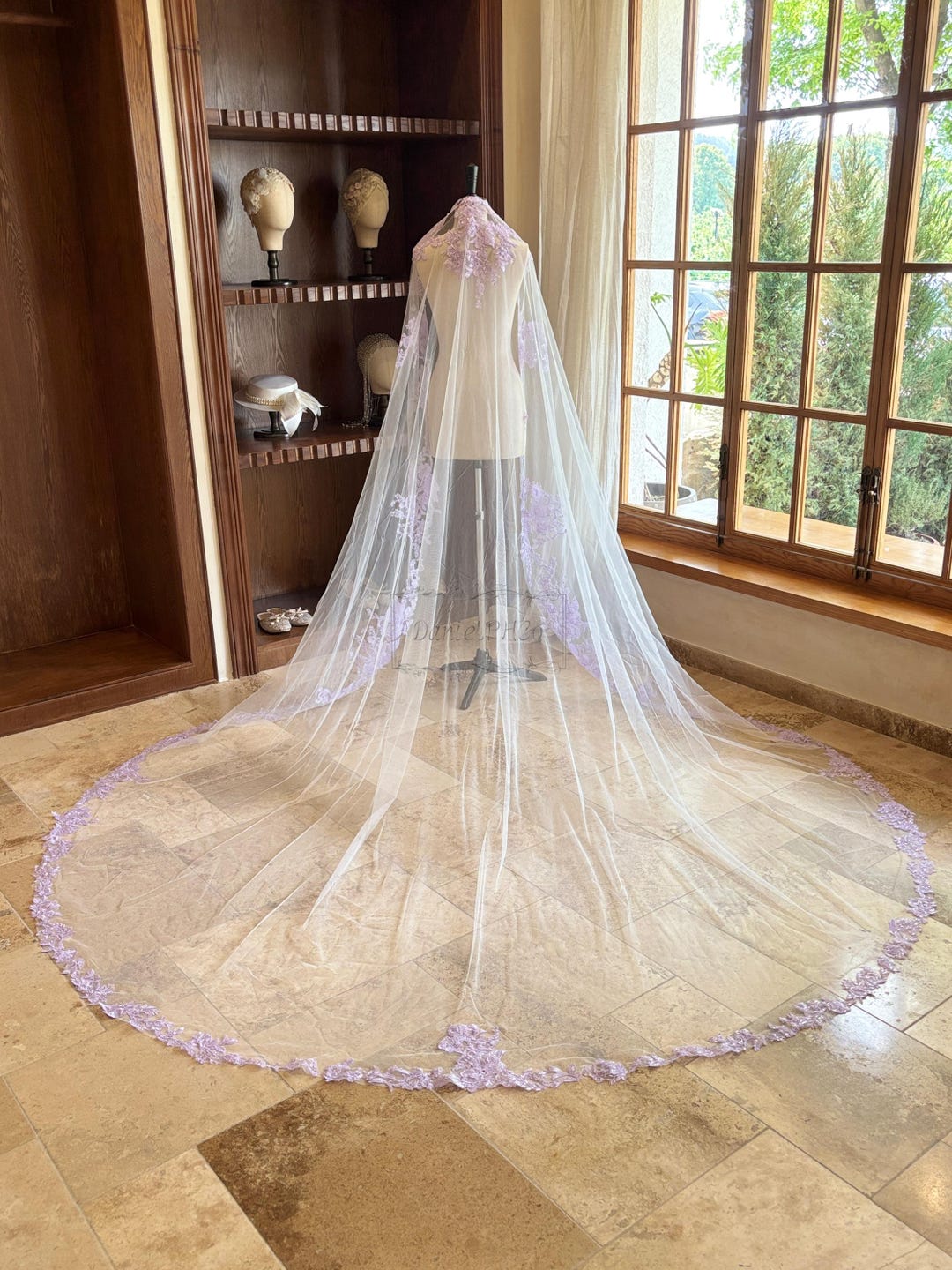 Purple Lace Mantilla Wedding Veil Without Comb, Beaded Sequined Flower ...
