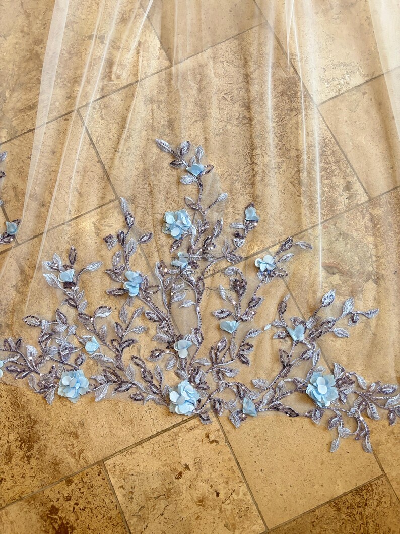 Blue Sequined Leaf Lace Wedding Veil, 3D Floral Bridal Veil, Sparkly ...