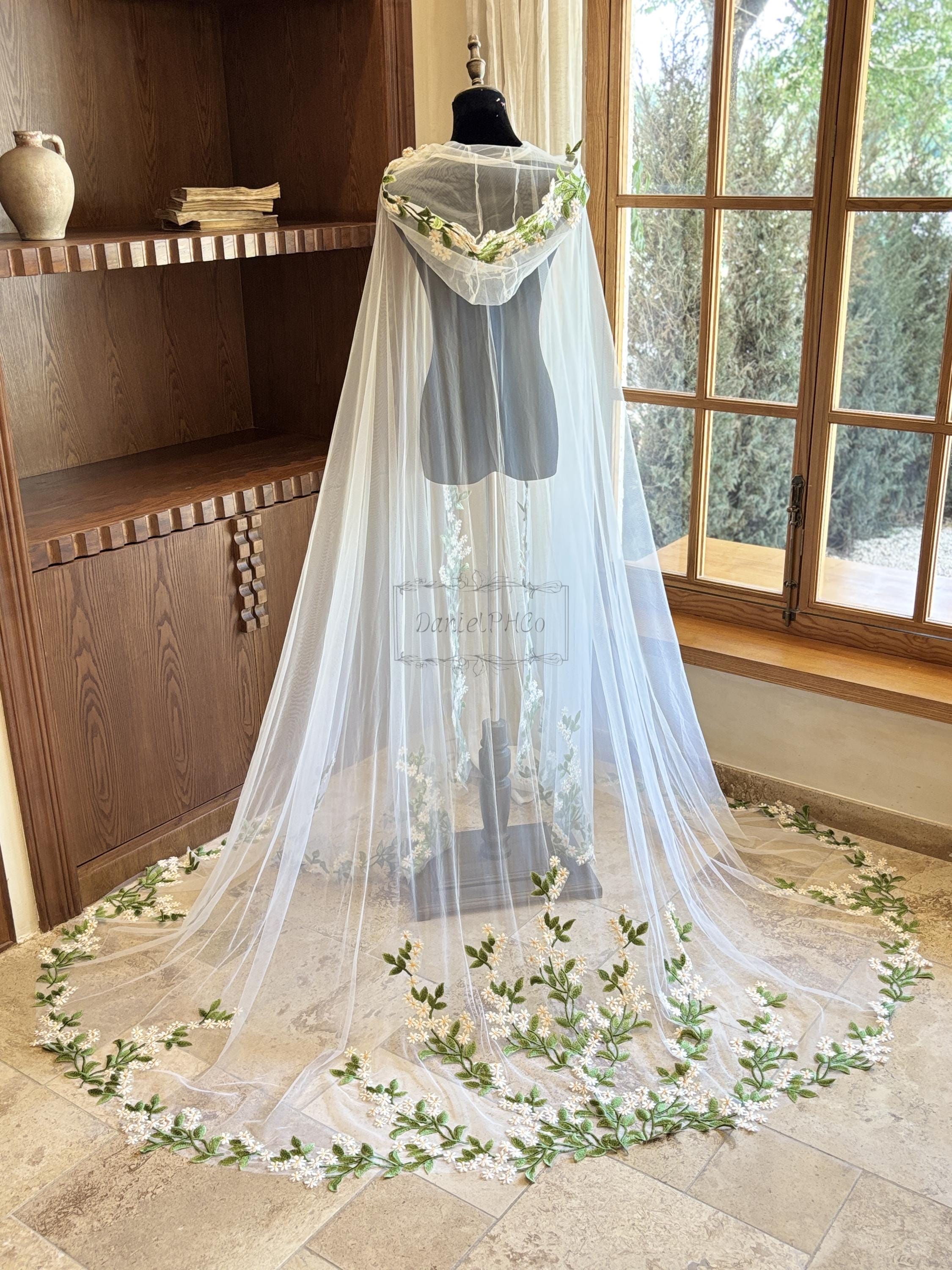 Flower Lace Edge Wedding Cape Veil With Hood, Green Leaf White Flower ...