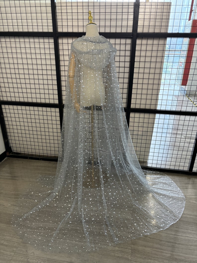 Sparkly Star Glitter Cape Veil/ Shinny Wedding Cape/ Silver Grey Bridal ...