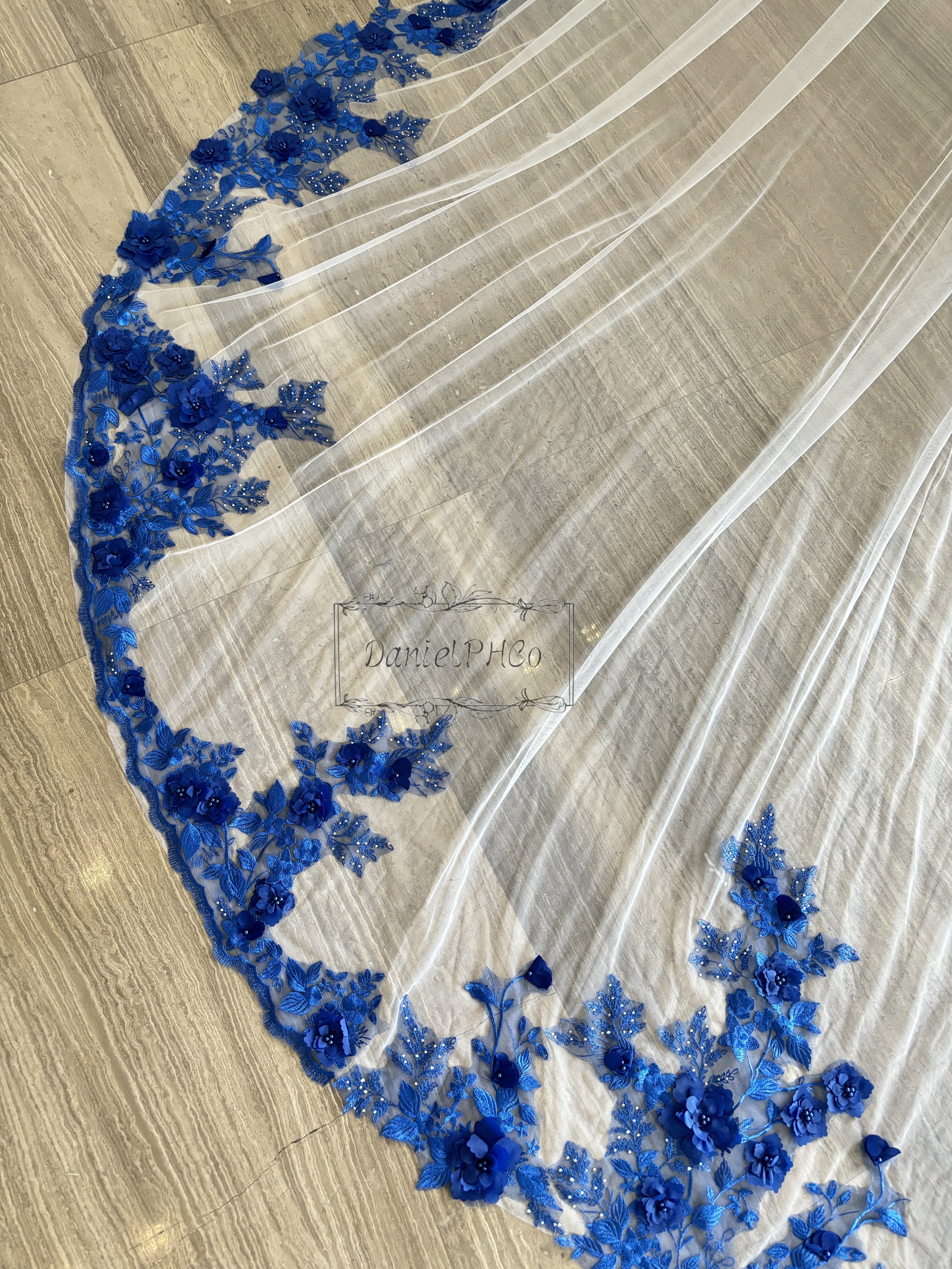 Vintage Royal Blue Floral Lace Wedding Veil, Long Cathedral Veil, 3D ...