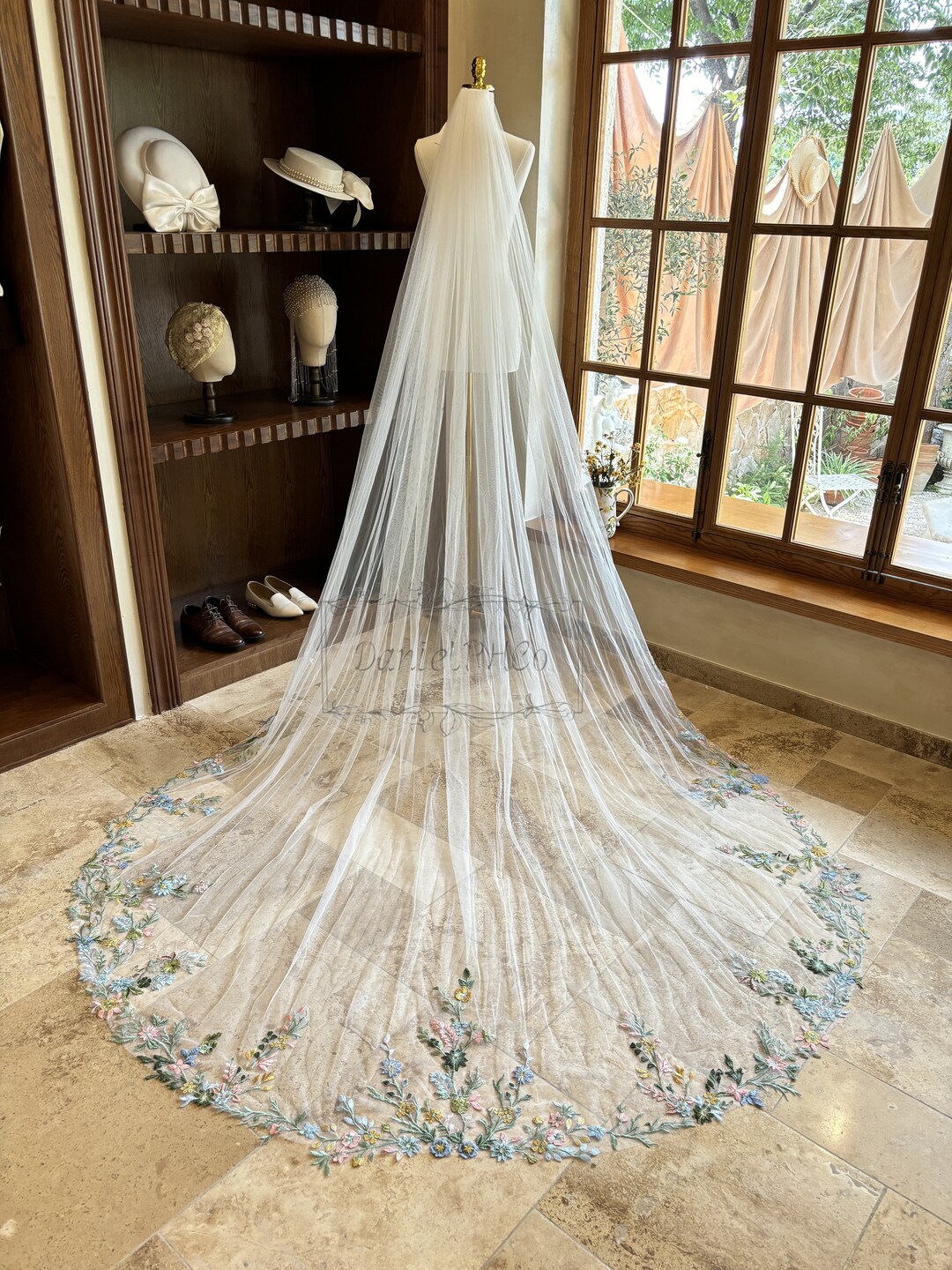 Elegant Bridal Wedding Veil, Colourful Flower Green Leaf Veil, Floral ...
