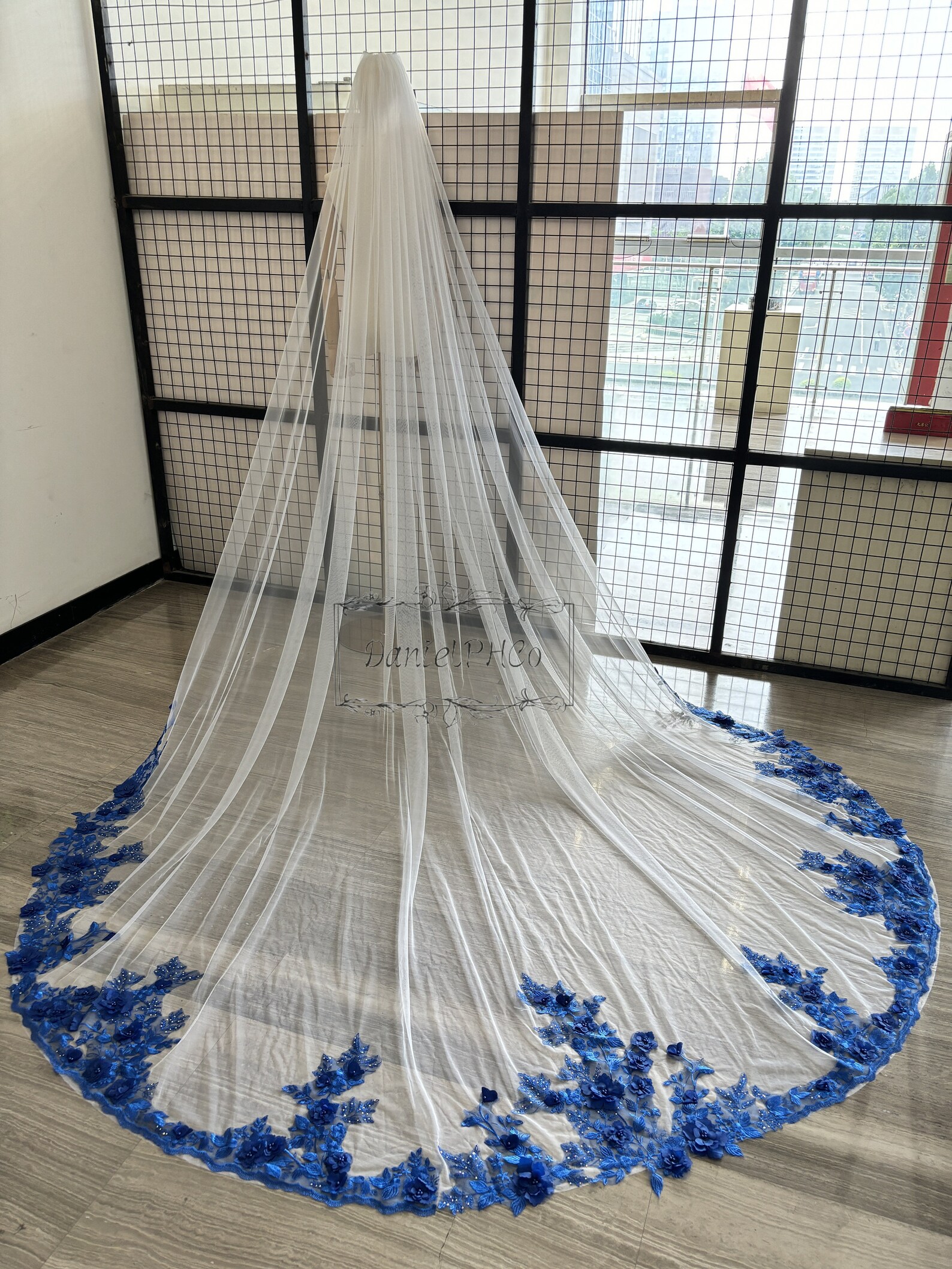 Vintage Royal Blue Floral Lace Wedding Veil, Long Cathedral Veil, 3D ...
