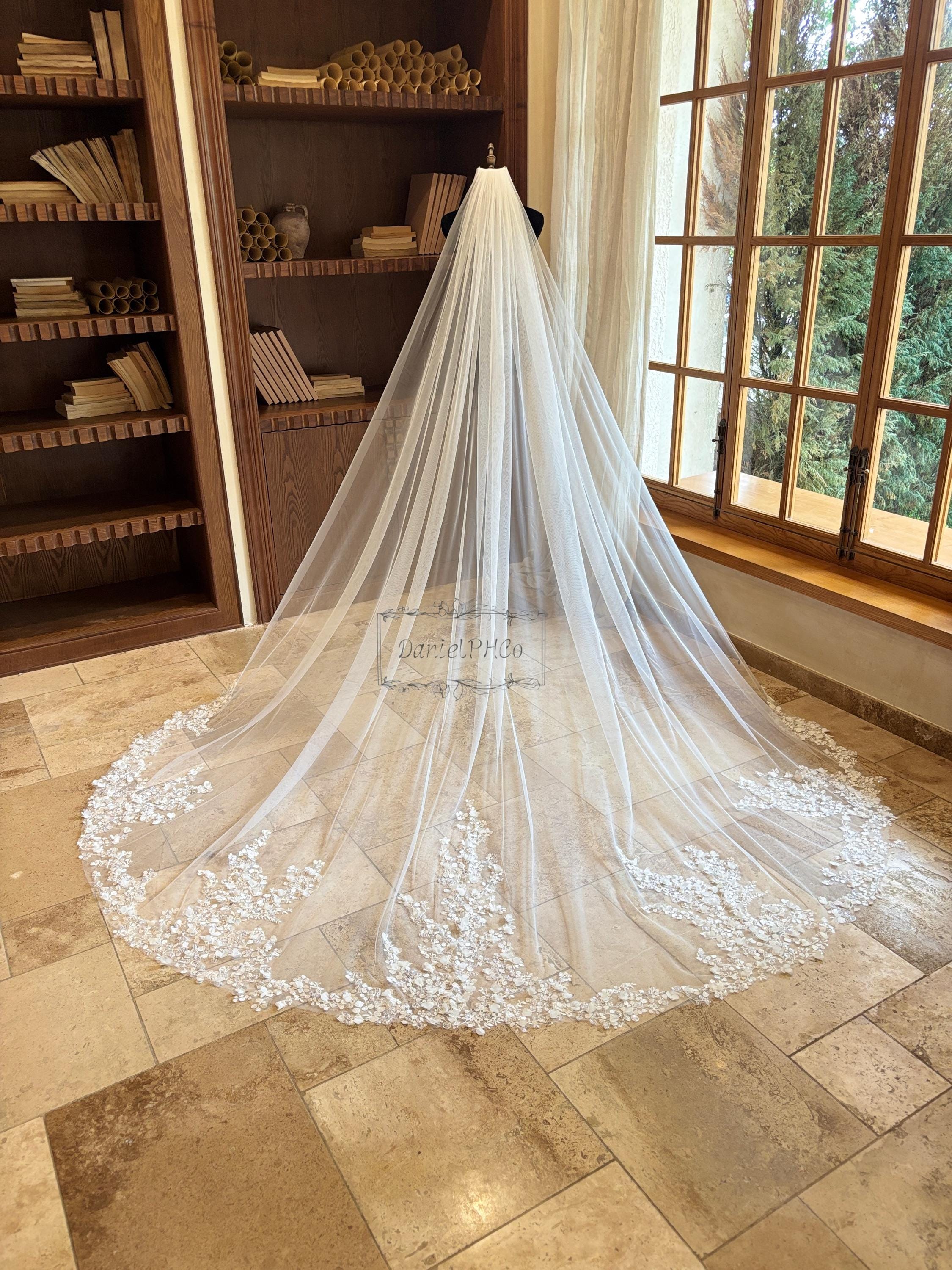 Luxury Floral Wedding Veil Cathedral Length, Elegant Beaded Sequined ...