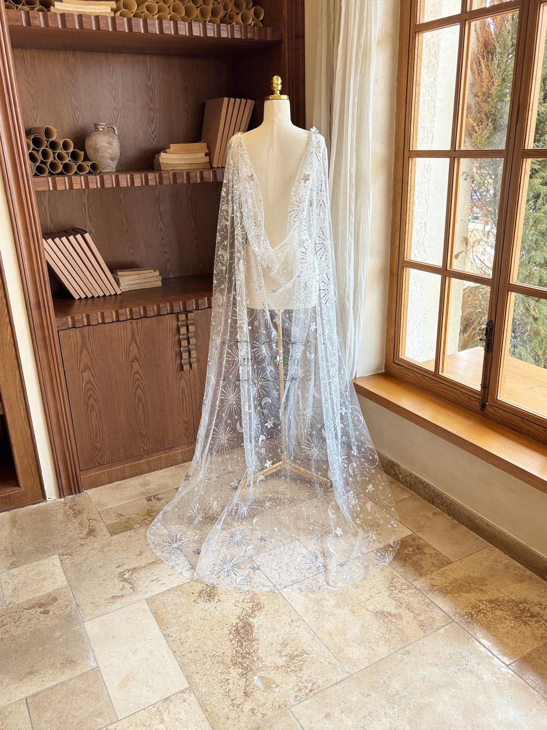 Sparkly Sequined Star Moon Wedding Cape, V Back Celestial Bridal Cape ...